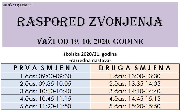 Raspored zvonjenja za razrednu nastavu :: Osnovna škola "Travnik"