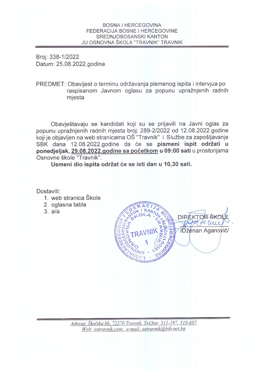 OBAVIJEST PO JAVNOM OGLASU :: Osnovna škola "Travnik"